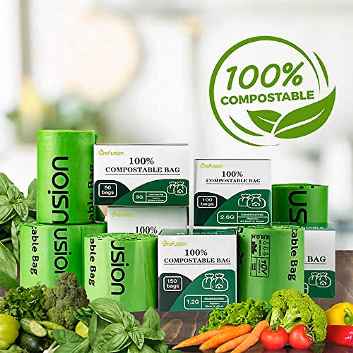 GreFusion Compostable Trash Bags for Kitchen Compost Bin 2.6 Gallon,Extra Thick 0.71 Mil,100 Count,Small Trash Bags,Compost bin bags,Food Scrap Waste Bags for Certified by BPI,ASTM D6400 and OK Compost