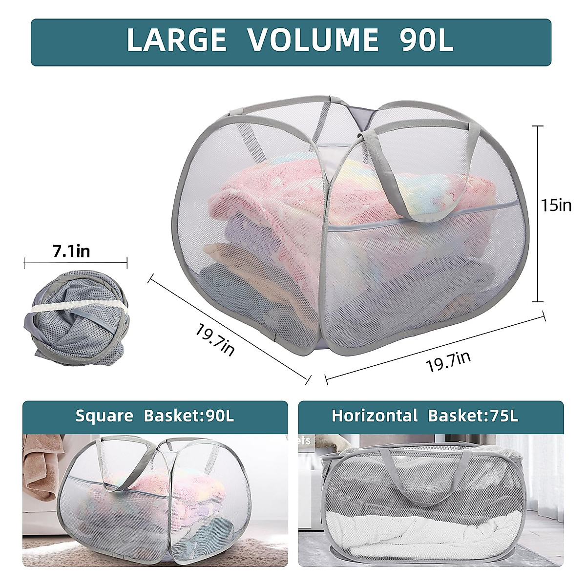 Collapsible Laundry Baskets, 90L Large Foldable Laundry Basket, Durable Mesh Pop Up Hampers for Laundry, Dirty Clothes Laundry Hamper for Bedroom, Bathroom, Dorm, Laundry Room, Travel or Camping Grey