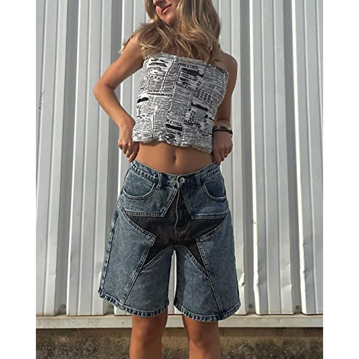 Aelfric Eden Men's Star Patchwork Denim Shorts Mid Rise Stretchy Patchwork Jeans Shorts Casual Denim Shorts Streetwear