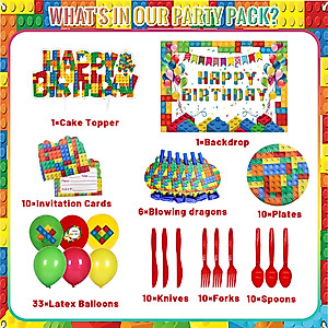 179Pcs Building Block Birthday Party Supplies for 10 Guests, Party Decorations Includes Backdrop, Banner, Latex Balloons, Tableware, Cupcake Toppers, Hanging Swirls, Tablecloth, Invitation Cards,