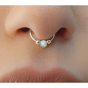 Non Piercing White Opal faux Septum Ring - Sterling Silver False Septum Hoop Piercing - Clip on Septum Nose ring
