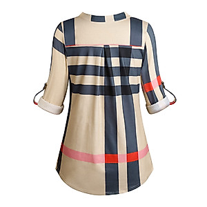 Moyabo Women Clothing Women's 3/4 Cuffed Sleeve Zip Notch V Neck Casual Plaid Tunic Shirt Blouse Top Apricot Medium