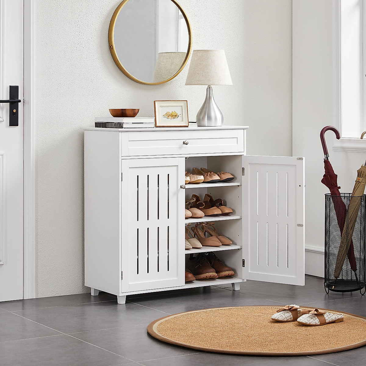 Topeakmart Wood Shoe Cabinet, Shoe Rack with 1 Big Drawer & 4 Storage Shelves, Shoe Storage Cabinet with 2 Louvered Door, for Entryway Living Room, White