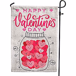 PAMBO Happy Valentines Day Garden Flag 12x18 Double Sided Burlap Hearts & Bottle Flags for Valentine Day Garden Yard Outdoor Decoration