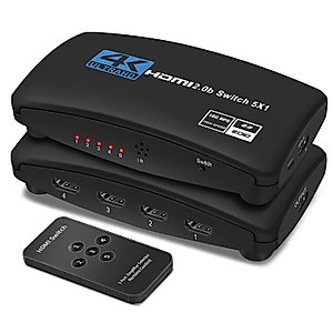 HDMI Switch 4K 60hz, 5 Port HDMI Switcher with Remote, Koopman HDMI Splitter 5 in 1 out Supports HDMI 2.0 HDCP 2.2 HDR10 3D, HDMI Selector Hub Compatible with FireStick, Roku, PS4, Xbox, Apple TV