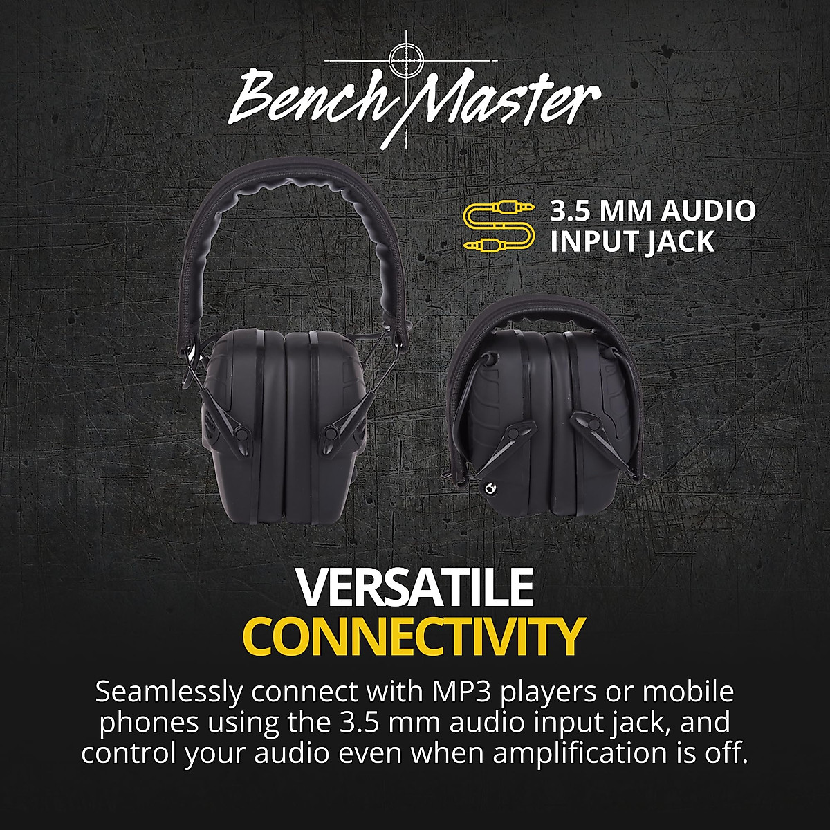 BenchMaster Rifleman TAC Ear Muffs, Shooting Electronic Ear Protection, 25 dB, Noise Reducing, Noise Canceling Headphone, 2 Millisecond Reaction Time, Audio Input, Safety Ear Muffs