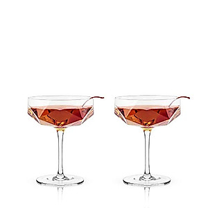 Viski Faceted Coupe Glasses set of 2, Champagn, Martini, Wine, Crystal Cocktail Glasses for Bar, Drinking Glass Set of 2, 7oz