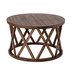 COZAYH Farmhouse Coffee Table, Rustic Round Coffee Table with X-Motifs Legs, Wood Textured Top, for Boho, French Country Decor, Brown