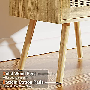 SUPERJARE Nightstands Set of 2, Night Stands with Charging Station & PE Rattan Decor Drawer, Bed Side Tables with Solid Wood Feet, End Table, for Bedroom, Living Room - Natural