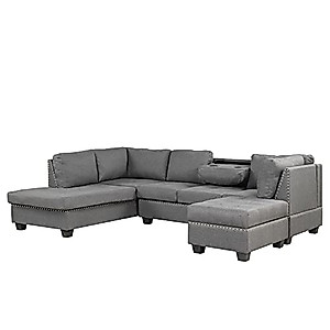 Eafurn L Shaped Sectional Sofa with Reversible Chaise and Drop Down Table & Cupholders, Upholstery Corner Couch with Storage Ottoman, Tufted Convertible Sofa & Couch for Living Room Furniture Set