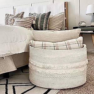 TIMEYARD Large Decorative Basket, 21.7'' x 13.8'' Cotton Rope Blanket Basket Living Room Toy Baskets Storage Kids, Baby Laundry Baskets for Dirty Clothes Pillows Towel, 90L White