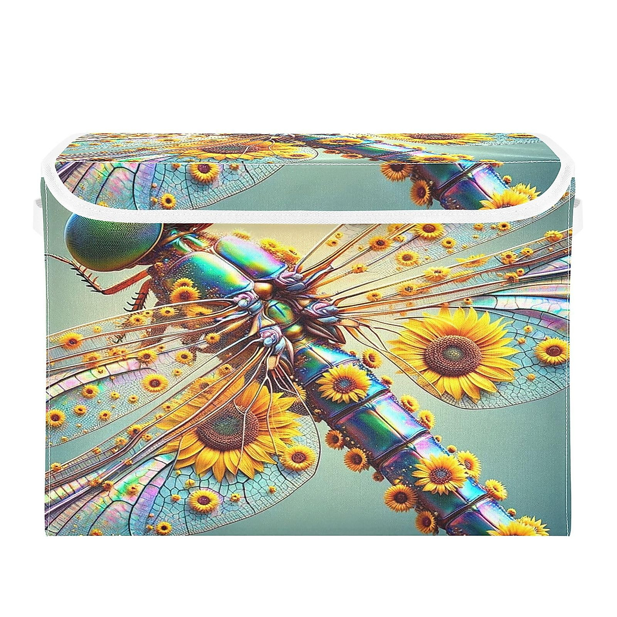 DIGTIA Dragonfly with Sunflower Storage Bins with Lids Spring Summer Foldable Storage Basket with Handles Collapsible Large Fabric Organizer Containers for Clothes Shelves Closet Office Home Bedroom