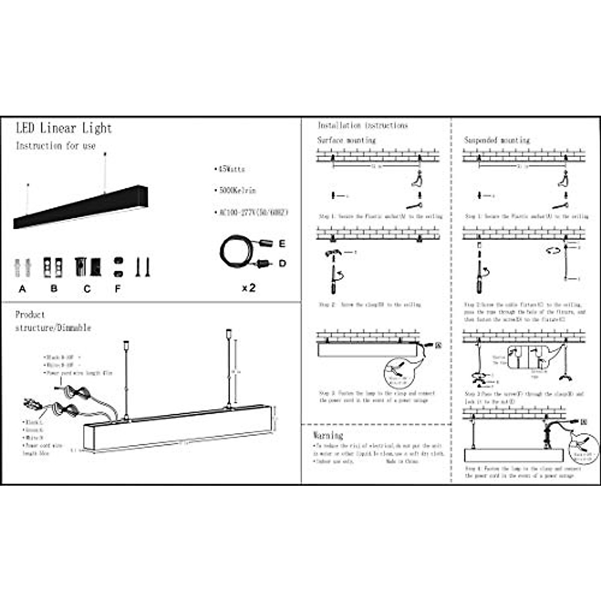 4ft LED Linear Light Fixtures Architectural Suspended Light with Plug, 4FT 45W Black Finish 0-10V Dimmable Office Lighting Fixture for Residential and Commercial Places, 4800lm, ETL 100-277V