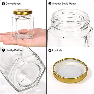 BIGIVACA 3 oz Hexagon Glass Jars with Golden Lids.Set of 30 Pack 90 ml Canning Jars Containers for Spice Jam,Jelly, Wedding Favors, Honey And More.Include 1 Chalk Pen and 80 Labels.