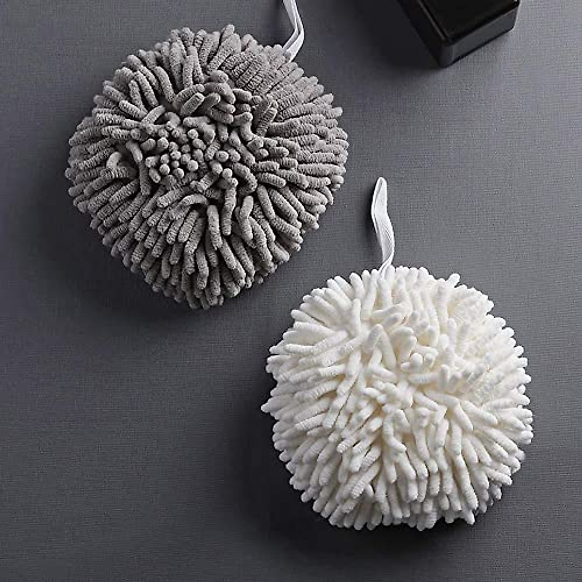 WEIWODUZUN 2 Pack Fuzzy Ball Towel White and Gray, Dry Your Hand Instantly conveniently with This Creative Bath Towel Set Towels for Bathroom Kitchen Chenille Hand Towels (2 Pack + 2 Hooks)