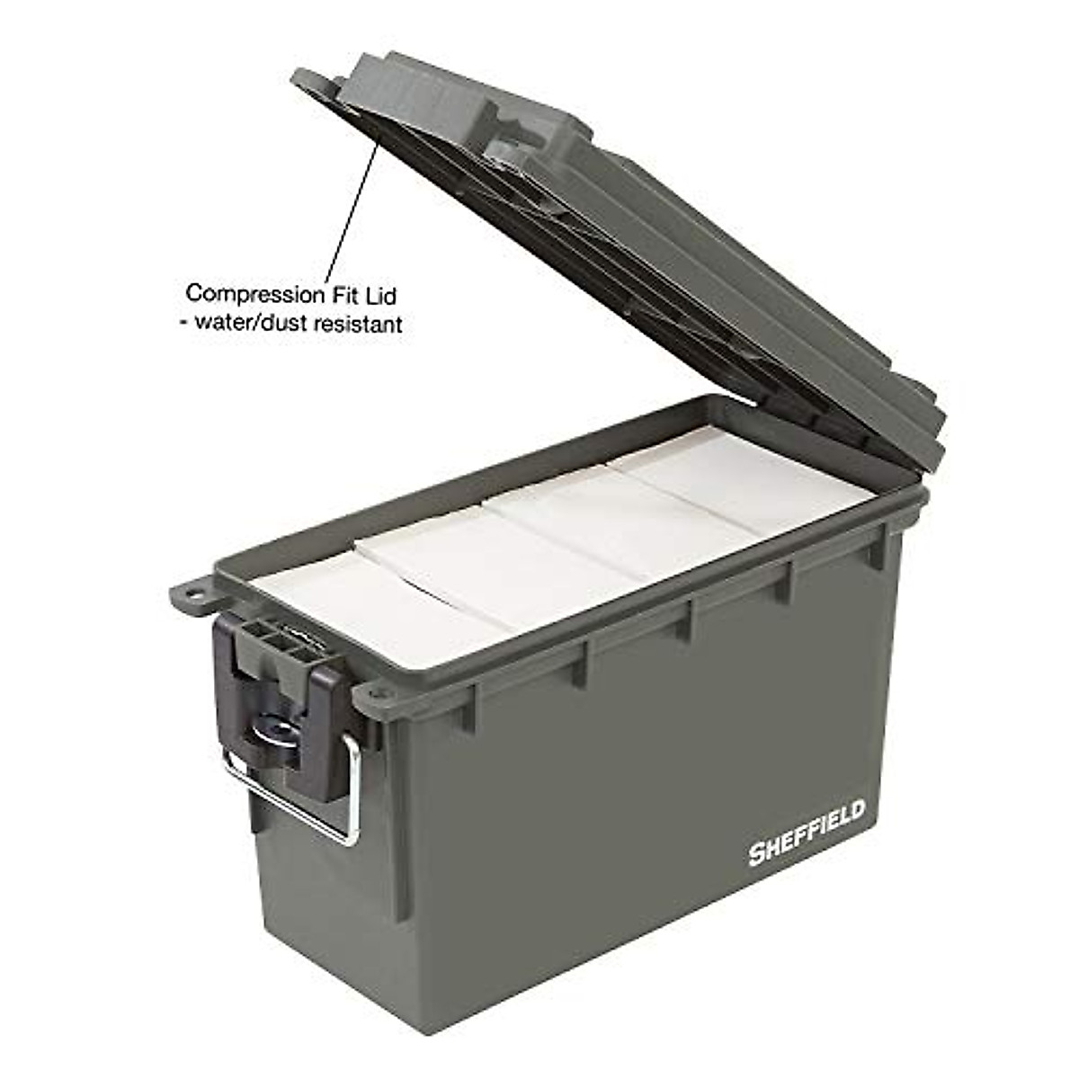 Sheffield 12626 Field Box, Plastic Ammo Can for Pistol, Rifle, and Shotgun Ammo, Water Resistant Ammo Box, Ammo Storage Box w/ 3 Locking Options, Olive Drab Green Ammo Cans, Made in The U.S.A.