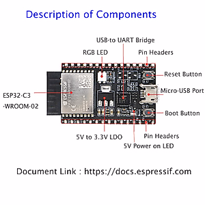 RCmall ESP32-C3-DevKitC-02 Development Board WiFi+BT+BLE 4MB SPI Flash Based on Espressif ESP32-C3-WROOM-02 Module (1 Piece)