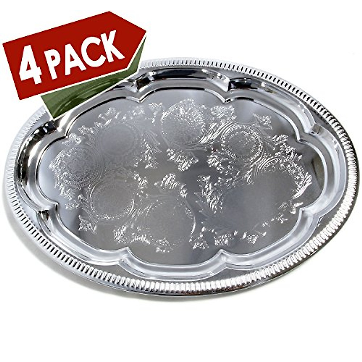 Maro Megastore (Pack of 4) 15.7 inch x 11.4 inch traditional oval flower pattern carving dining chrome plated dinner plate mirror plate plate plate metal tableware party Medium T225M-4PK