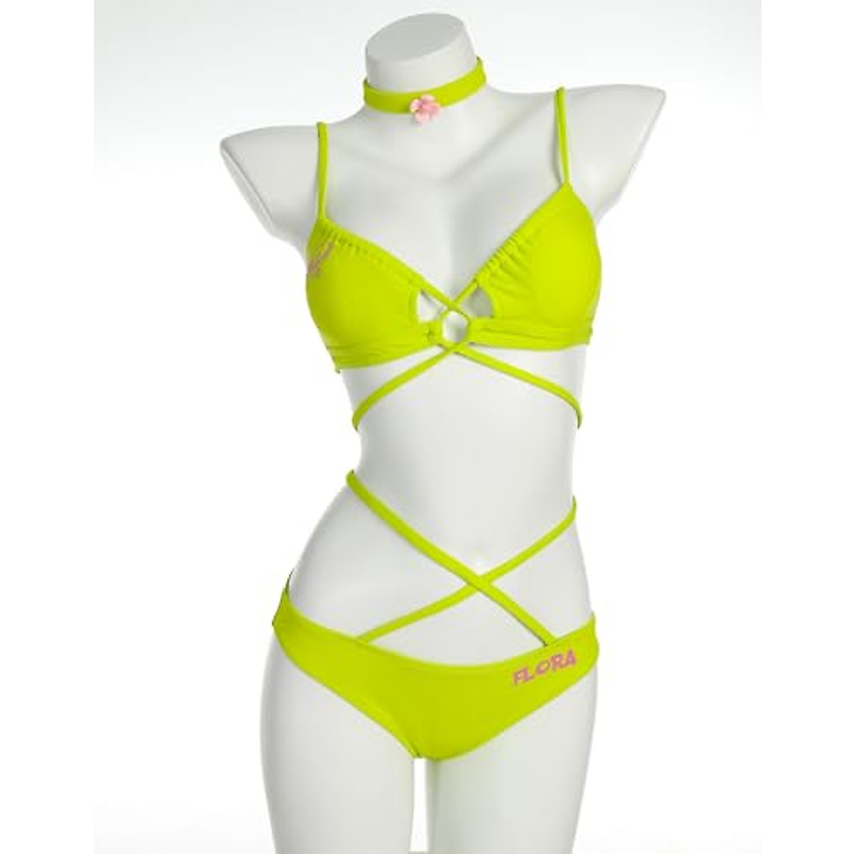 Winx Club Women's Flora Two Piece Bikini Set Swimsuit with Sarong and Choker Bathing Suit (Small) Yellow