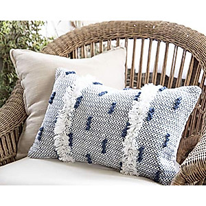 Foreside Home & Garden FIPL09778 Blue Decorative Woven 14x22 Outdoor Throw Pillow with Hand Tufted Fringe