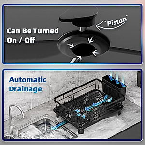 GAOKASE Dish Drying Rack, Space-Saving Dish Rack, Dish Racks for Kitchen Counter, Drying Rack Kitchen with Removable Utensil Holder, Drainboard and Adjustable Spout, 11''W x 15''L, Black
