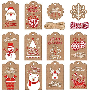 120PCS Christmas Gift Tags Brown Kraft Paper Christmas Gift Tags Hanging Name Tags Labels with Twine String for Christmas Gift Wrap, DIY Arts and Crafts, Wedding