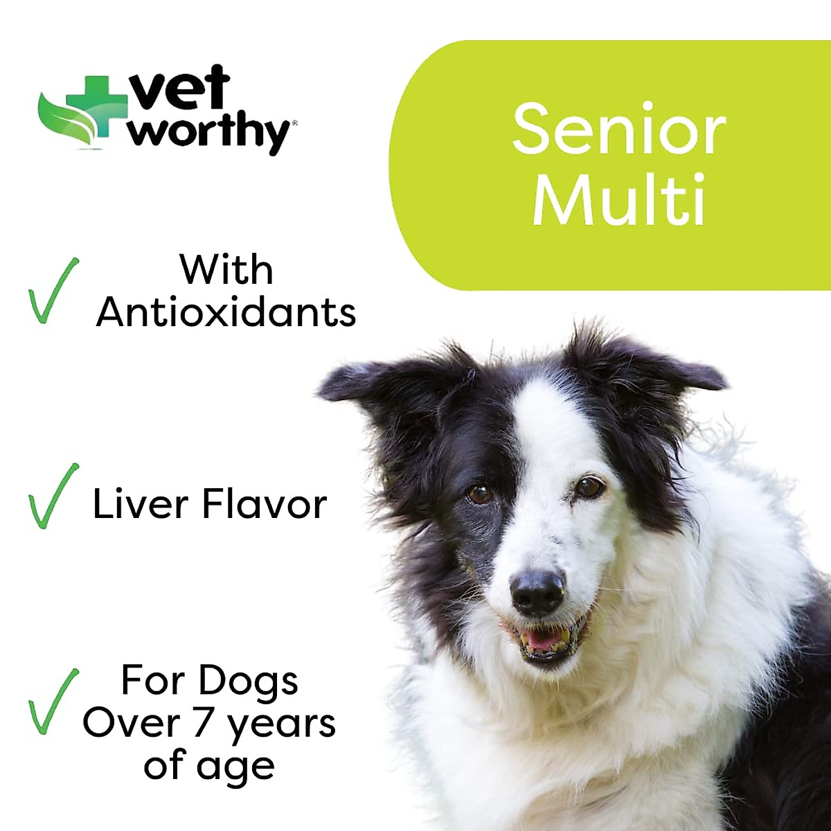 Vet Worthy Senior Multivitamin Chewable for Dogs - Antioxidants and Nutritional Support - Daily Support - Essential Vitamins, Minerals, & Enzymes- Liver Flavor Chewable for Dogs - 60 Tablets
