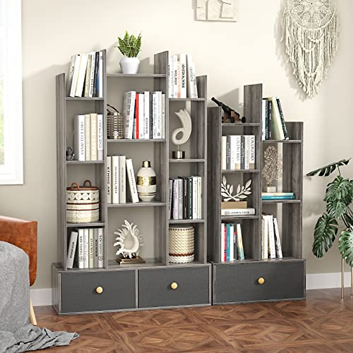 Unikito Book Shelf with 2 Drawers Free Standing Bookcase, Office Storage Shelf Organizer with 12 Open Bookshelf, Industrial Wood Book Case Display Rack for Bedroom, Living Room Home Office, Gray Oak