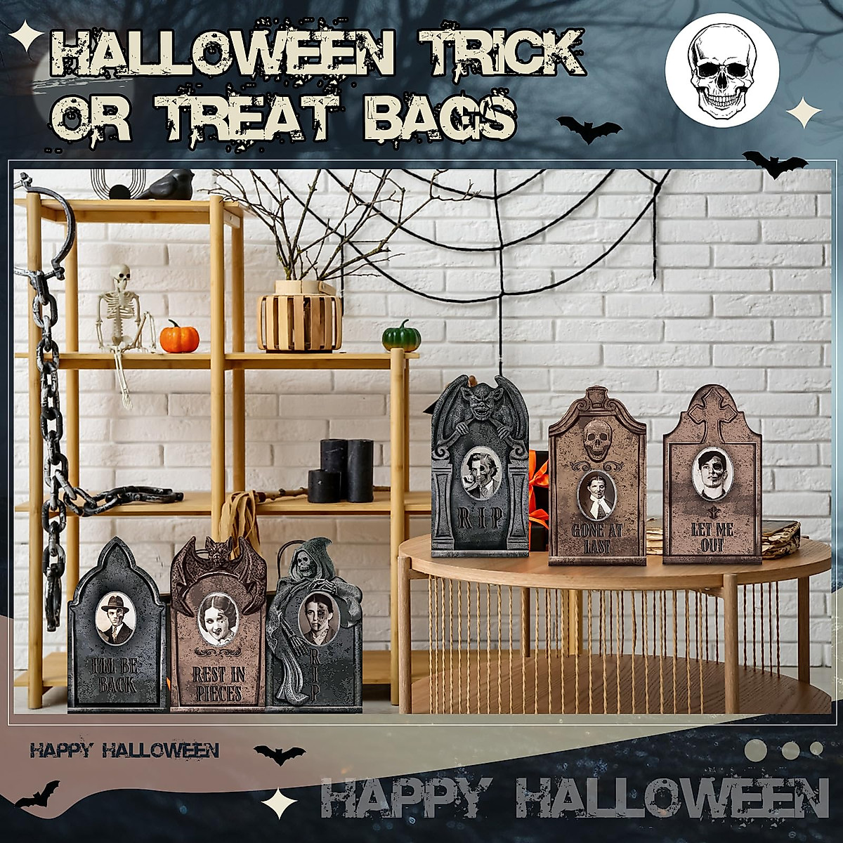 Lemosae 24 Pcs 11'' Halloween Tombstone Paper Treat Bags with 3D Changing Face Halloween Graveyard Tombstones Gift Bags Tombstone Candy goodie Bags for Halloween Party Favor