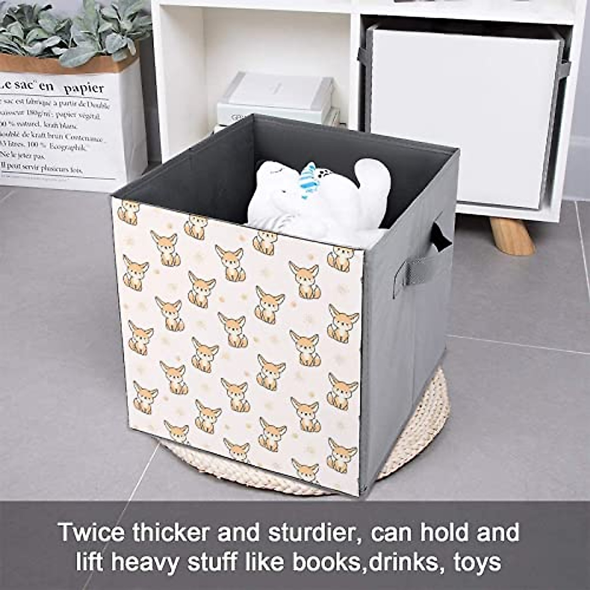 Cute Fennec Fox Storage Bins Cubes Foldable Fabric Organizers with Handles Clothes Bag Book Box Toys Basket for Shelves Closet 10.6"