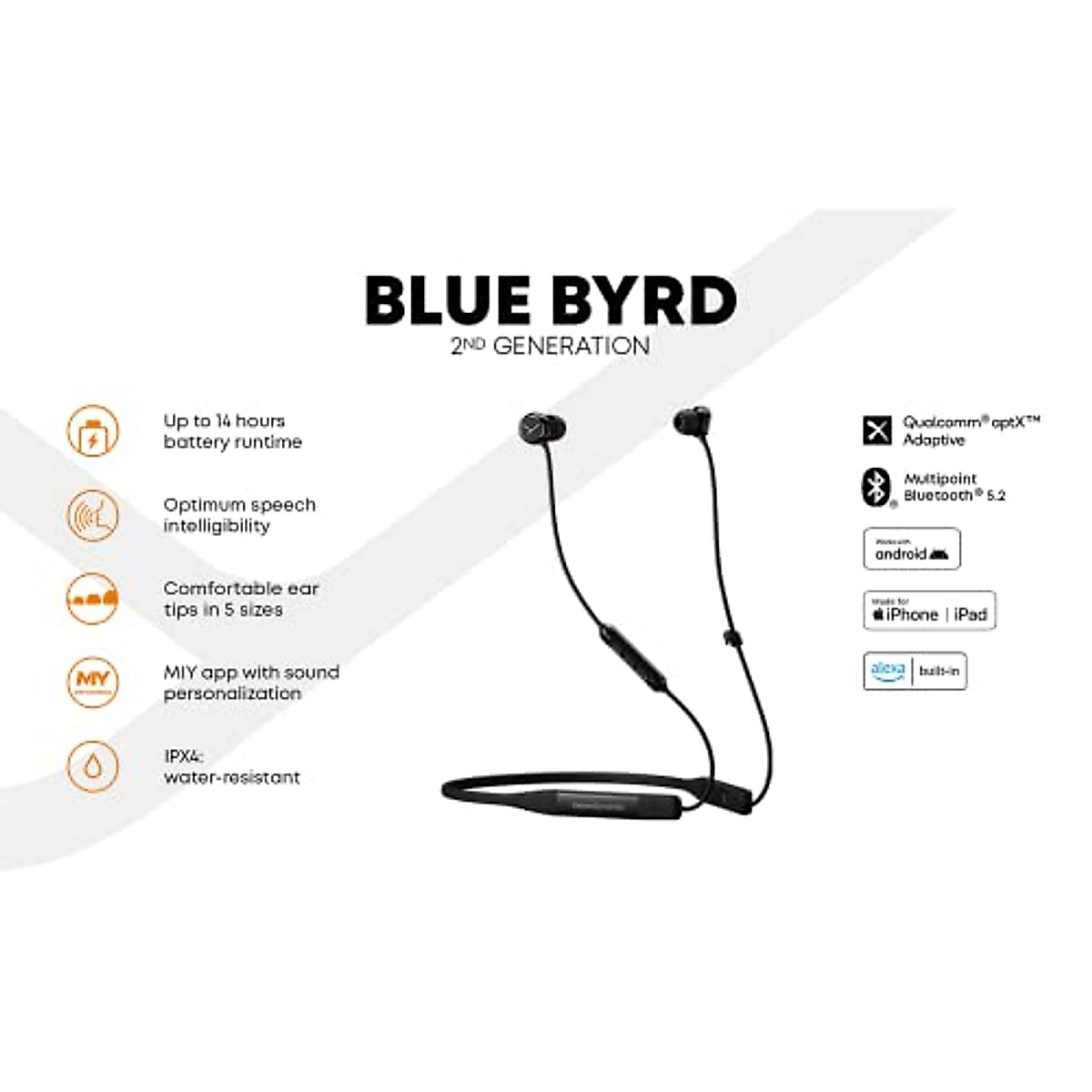beyerdynamic Blue BYRD (2nd Generation) Bluetooth 5.2 in-Ear Headphones with Neckband, Microphone, 14 Hours Battery Life, IPX4, Sound Personalization and Alexa Built-in