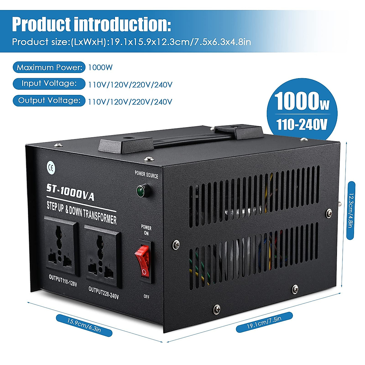 ZGROCK 1000 Watt Voltage Transformer- Step Up and Down- Circuit Breaker Protection Universal Dual Output Step Up & Step Down Power Transformer 110V to 220V/220V to 110V