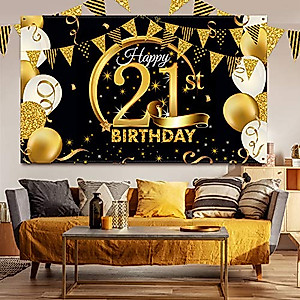 Birthday Party Decoration Extra Large Fabric Black Gold Sign Poster for Anniversary Photo Booth Backdrop Background Banner, Birthday Party Supplies, 72.8 x 43.3 Inch (21st)