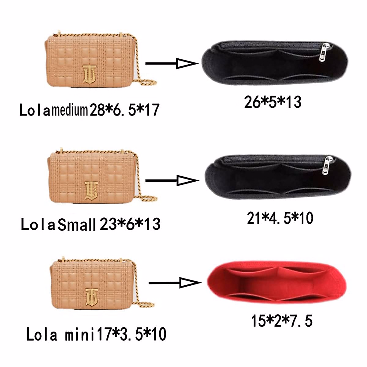 Felt Purse Organizer Insert,for/Burberry Chain Bag Lola Small and Medium sized Bag Storage Bag2056Beige-S