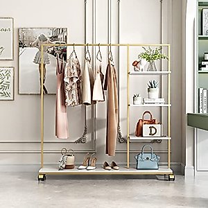 FONECHIN Metal Gold Clothing Rack for Boutique Use, Heavy Duty Garment Rack with Shelves for Retail Display (59L inches)