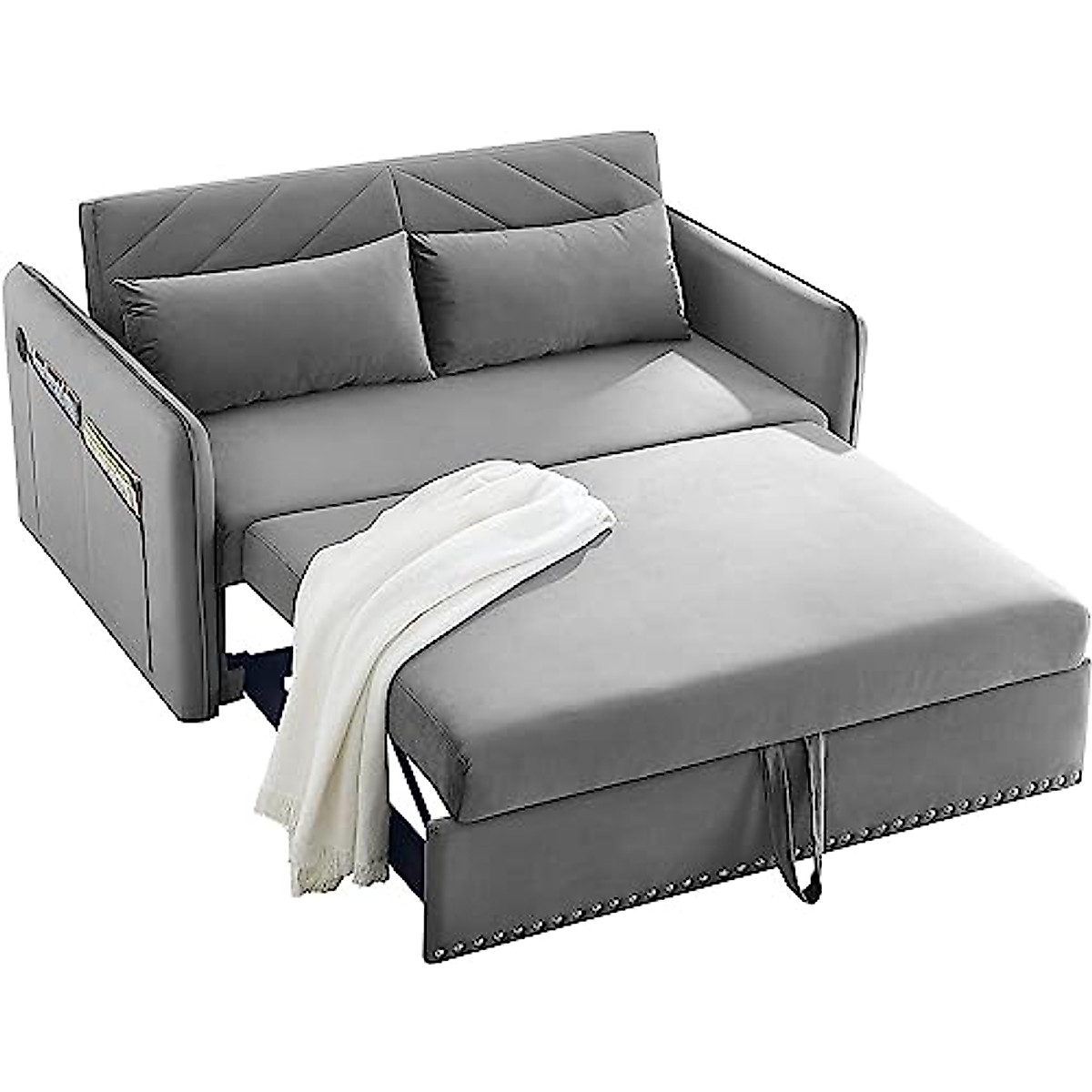 FULife 3-in-1 Convertible Sofa Pull-Out Sleeper,Adjustable Loveseat Futon Sofá Chair w/USB Charging Port,Reclining Backrests,Side Pockets&Pillows,Small Velvet 2 Seaters Lounge Couch, Gray Nailed Decor
