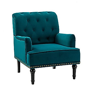 VanTook Mid Century Modern Button Tufted Accent Chair, Velvet Lounge Reading Armchair with Rubberwood Legs and Nailhead Trim, Single Corner Side Arm Chairs for Living Room Bedroom, Teal