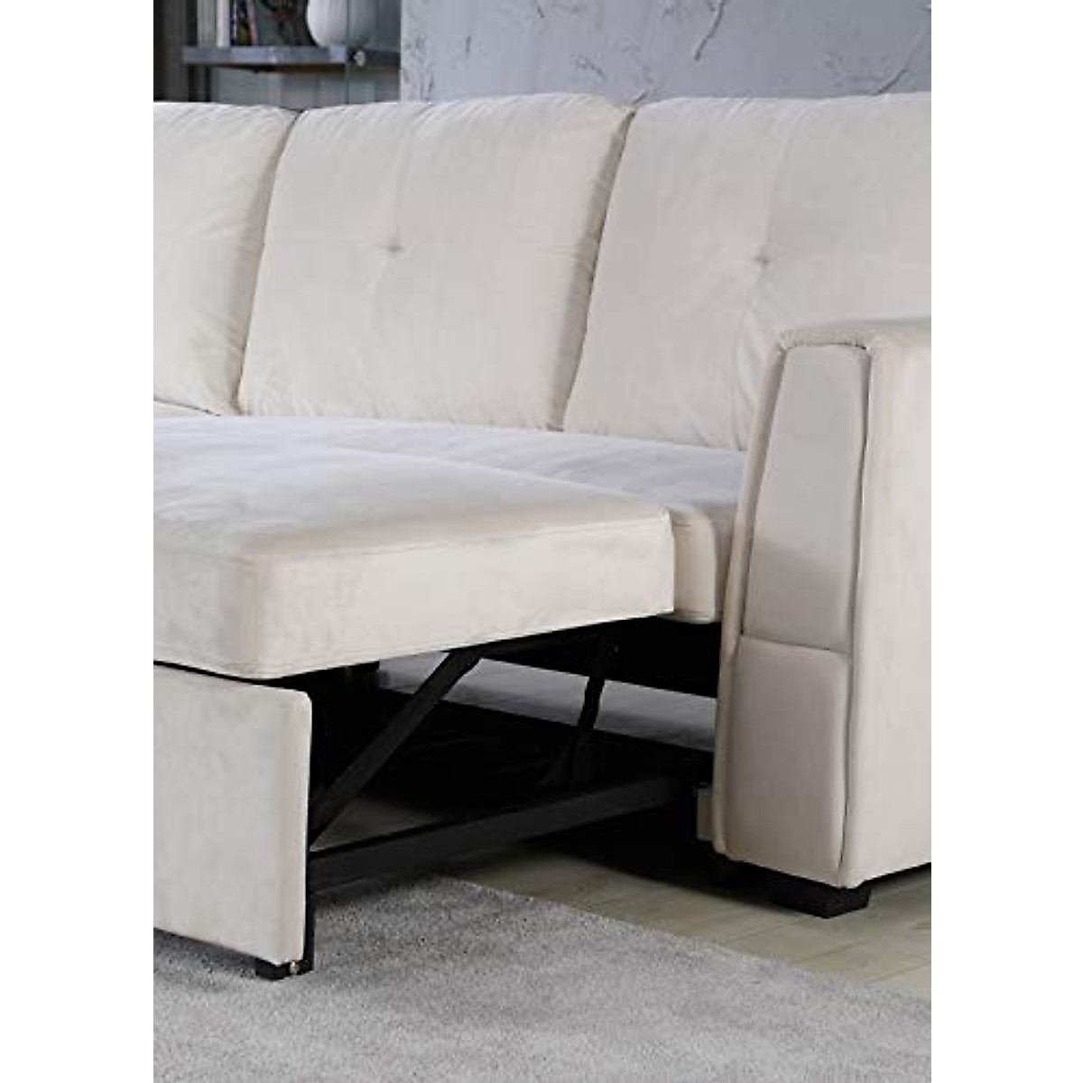 Legend Furniture Velvet Chaise Storage Reversible Sofa Bed Sleeper Sectional, 91", Cream