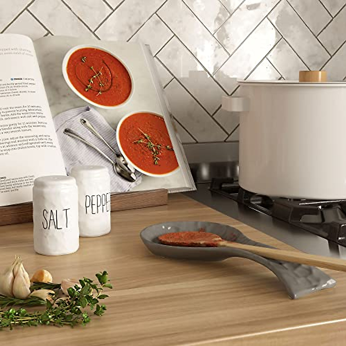 Barnyard Designs Ceramic Spoon Rest for Kitchen Counter or Stove Top, Decorative Cooking Utensil or Spatula Holder, Farmhouse Kitchen Decor, Grey, 9.25" x 4"