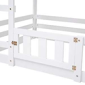 RuiSiSi Twin Size Floor Low Bunk Bed with Fence and Door, Wood Bunk Bed Frame with Guardrails and Ladder, House Shaped Bunk Bed for Kids, White