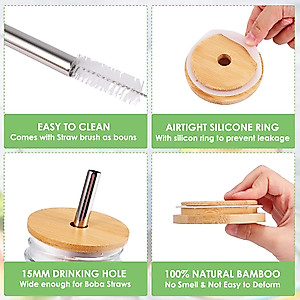 TRUSBER 4 Pack Reusable Bamboo Regular Mouth Drinking Lids with Straw Hole and Straw for Mason Jar (JAR NOT INCLUDED)