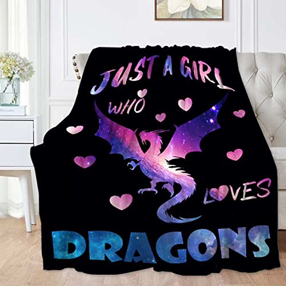 Just A Girl Who Loves Dragons Blanket Flannel Fleece Throw Blanket Microfiber Lightweight Soft Cozy for Couch Sofa Bed All Season Personalized Gift to Girls Women 80"x60" for Adult