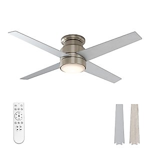 warmiplanet Flush Mount Ceiling Fans with Lights and Remote Control, 52-Inch,3 CCT Dimmable Light, Reversible Noiseless 6 Speeds DC Motor, Timer, Nickel Brushed, 4-Blades