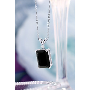 Gem Stone King 6.62 Cttw Black Onyx and White Diamond Necklace In 925 Sterling Silver | Emerald Cut 14X10MM Pendant Necklace for Women | Gemstone Birthstone | With 18 inch Silver Chain