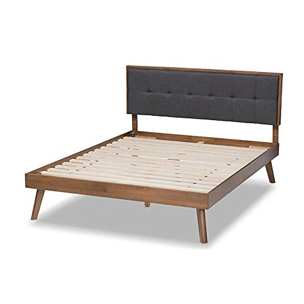 Baxton Studio Alke Mid-Century Modern Dark Grey Fabric Upholstered Walnut Brown Finished Wood Queen Size Platform Bed