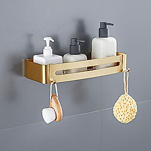 Brushed Gold Shower Shelf Adhesive or Drilling Shower Caddy Bathroom Cosmetic Shelf with Hooks