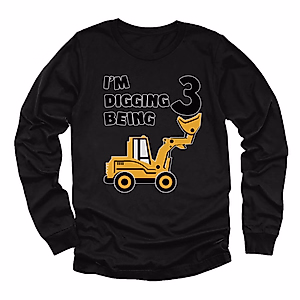 Bulldozer 3rd Birthday Shirt Boy I'm Digging Being 3 Long Sleeve Kids T-Shirt 3T Black