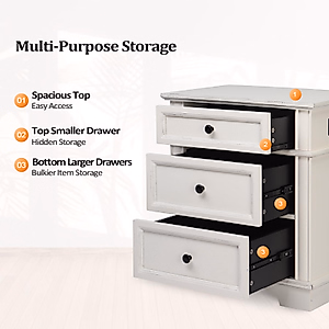 VINGLI White Nightstand Set of 2, 24" W Nightstand with Charging Station, 3 Drawer Nightstand with Textured Drawers, Large Nightstand Wood, Bedroom Nightstand, Bedside Table,Vintage Night Stand