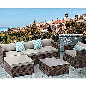 HOMPUS 6 Pieces Outdoor Furniture Set, All-Weather Patio Conversation Set Brown Handwoven Wicker w/Washable Gray Cushions, Glass Coffee Table, Modular Sectional Sofa Set for Backyard Garden Deck Pool