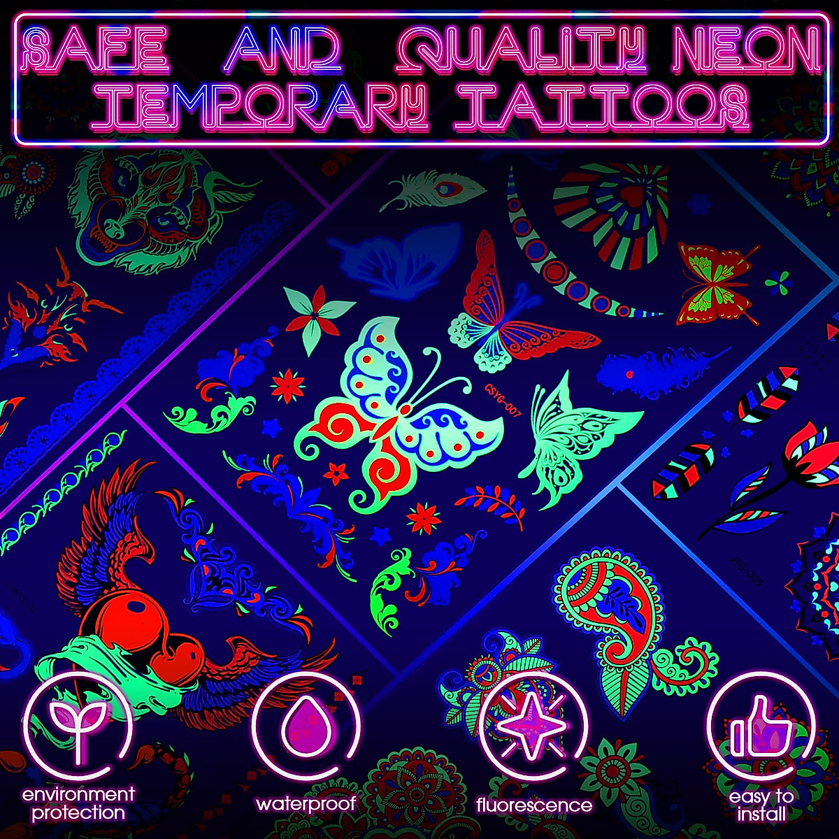 20 Sheets Glow in the Dark Temporary Tattoos UV Neon Tattoo Stickers Fluorescence Rave Festival Accessories for Women Men Face Body Makeup UV Glow Party Supplies